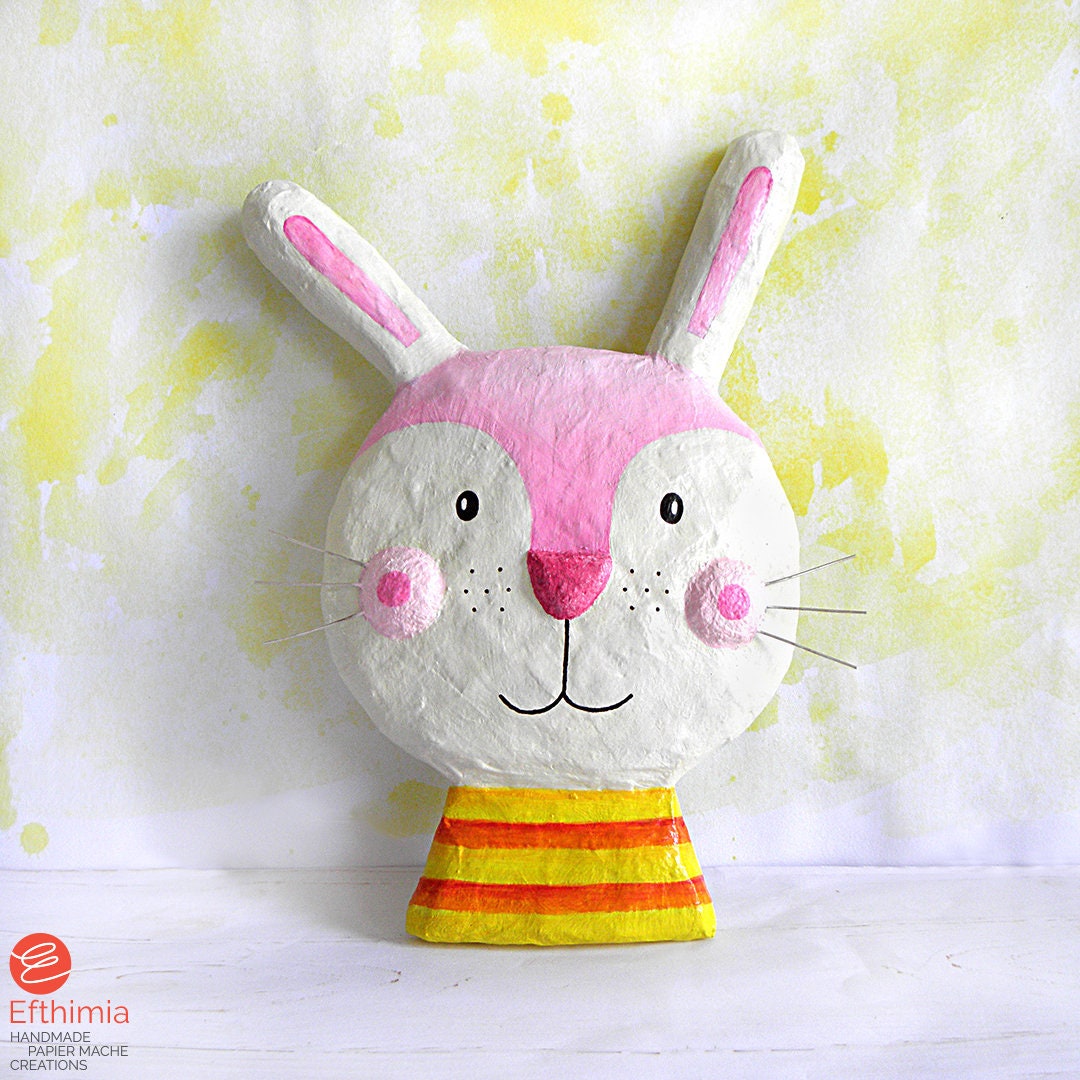 Paper Mache Bunny Head, Papier Mache Animal Sculpture, Bunny Kids Wall ...