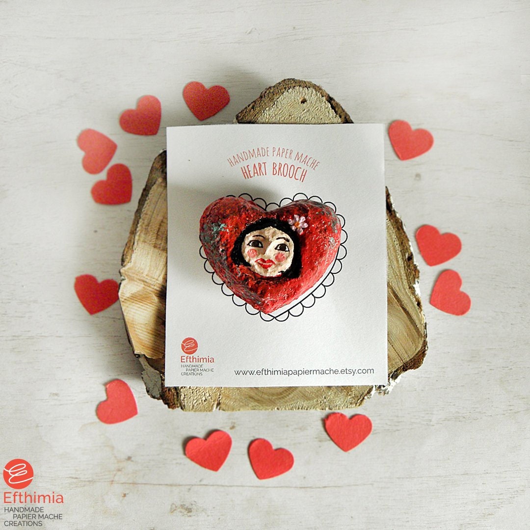 Handmade Red Heart Brooch With Girl Face Paper Mache Heart Pin - Etsy