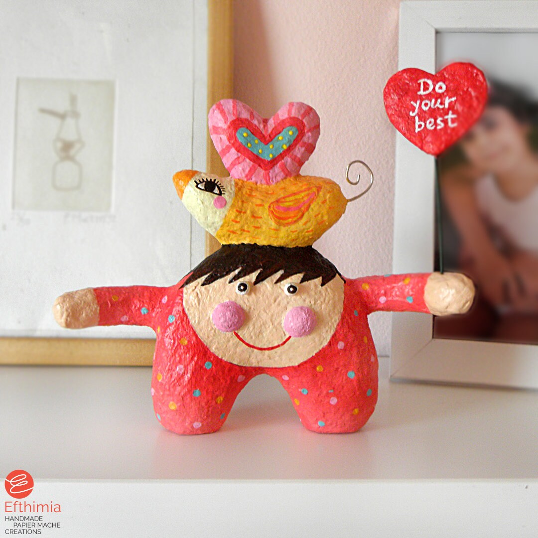 Paper Mache Cute Figurine With Bird and Heart, Happy Figure, Papier ...