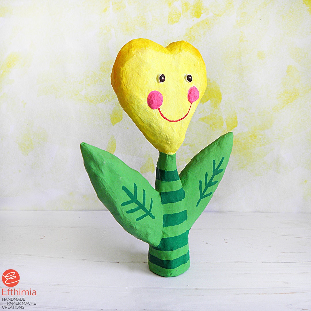 Paper Mache Yellow Heart Flower Heart Shaped Flower Ooak 3D - Etsy