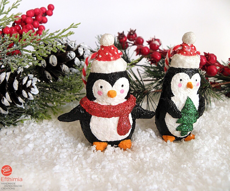 Paper Mache Christmas Penguin Ornaments, Hanging Penguins, Christmas ...