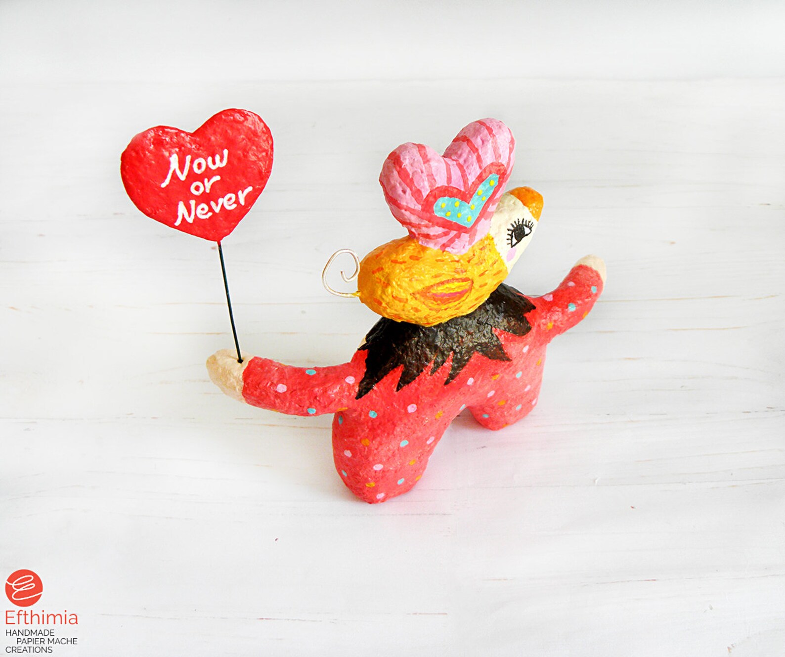 Paper Mache Cute Figurine With Bird and Heart, Happy Figure, Papier ...