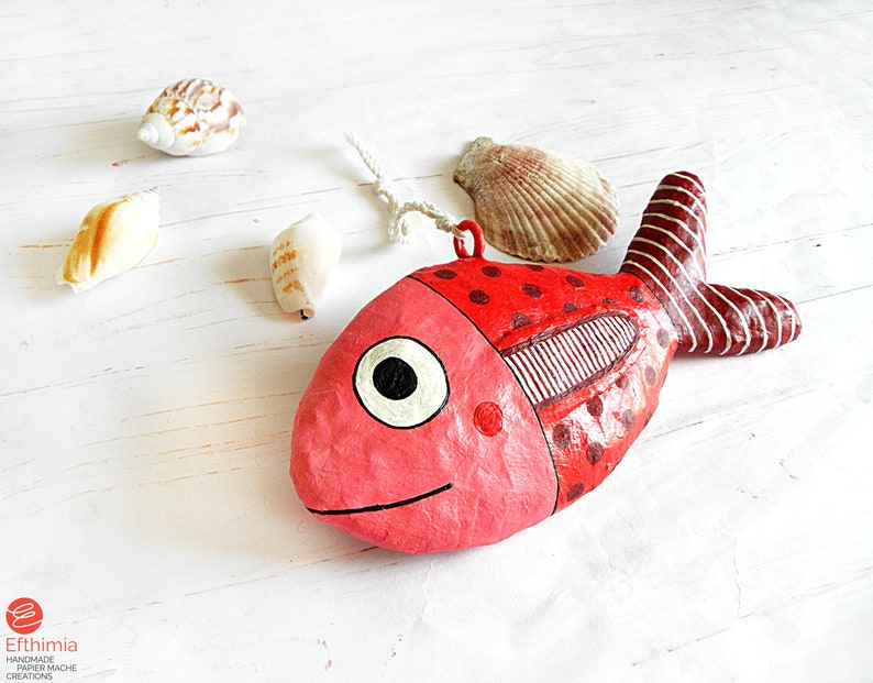 Paper Mache Red Fish Ornament, Fish Wall Hanging, Whimsical Paper Mache ...