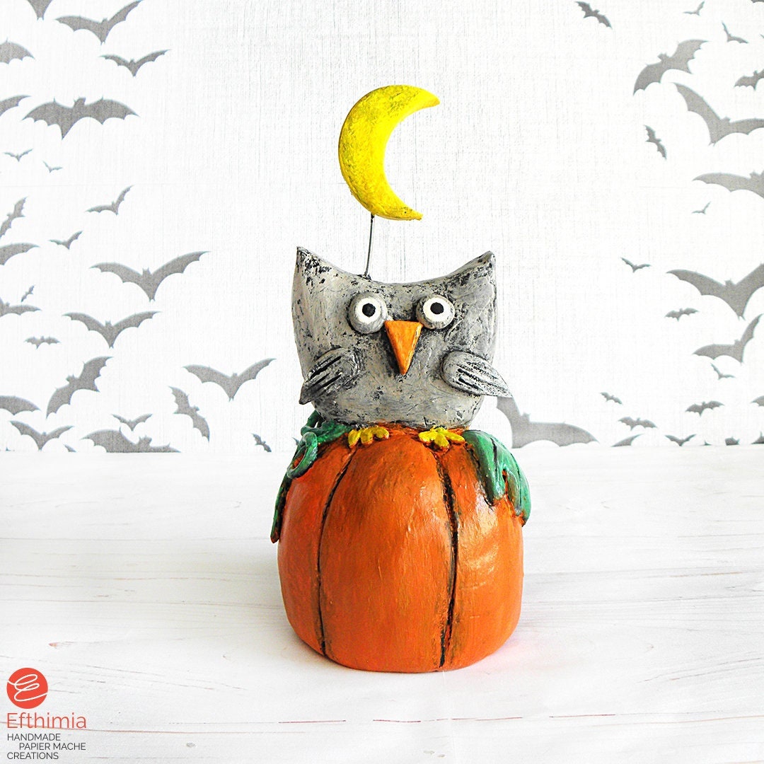 Paper Mache Cute Halloween Owl on A Pumpkin, Owl Figurine for Halloween ...