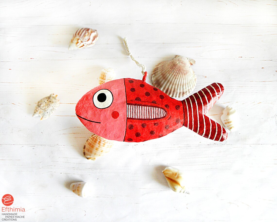 Paper Mache Red Fish Ornament, Fish Wall Hanging, Whimsical Paper Mache ...