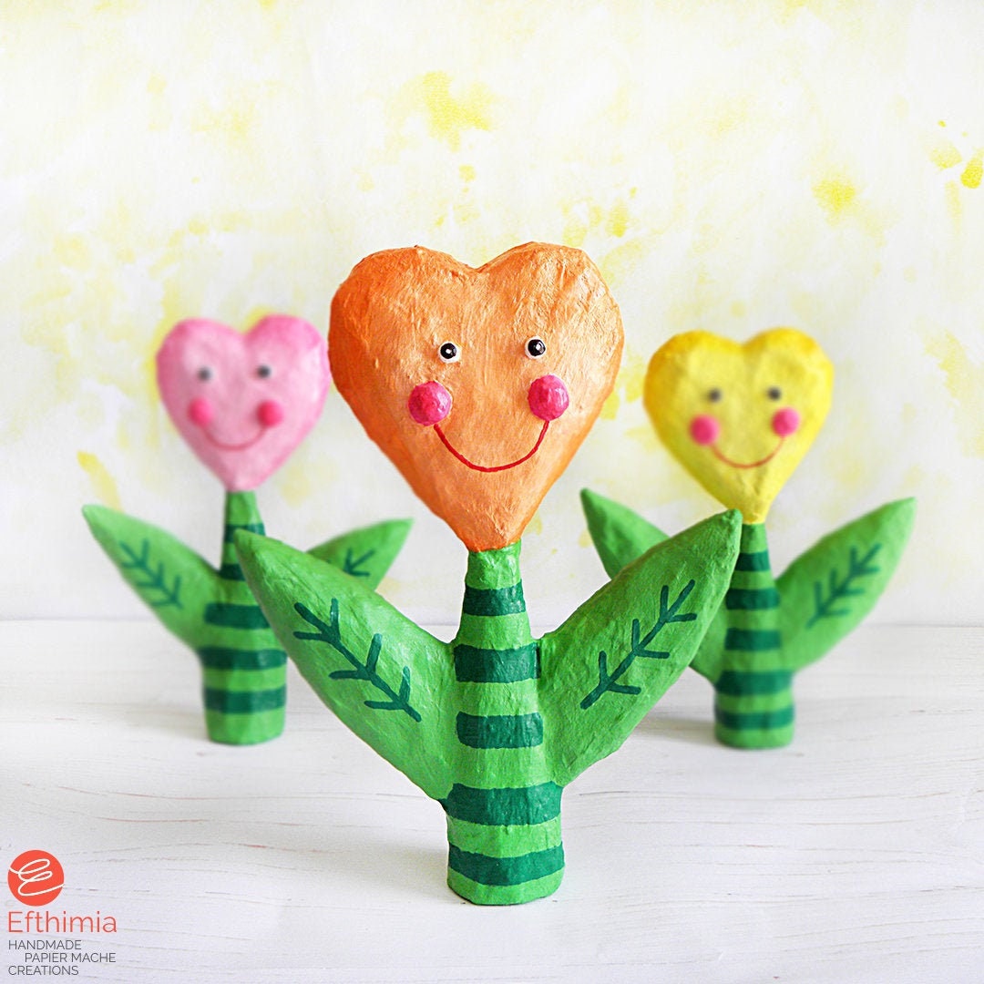 Paper Mache Orange Heart Flower, Standing Paper Flower, Heart Shaped ...
