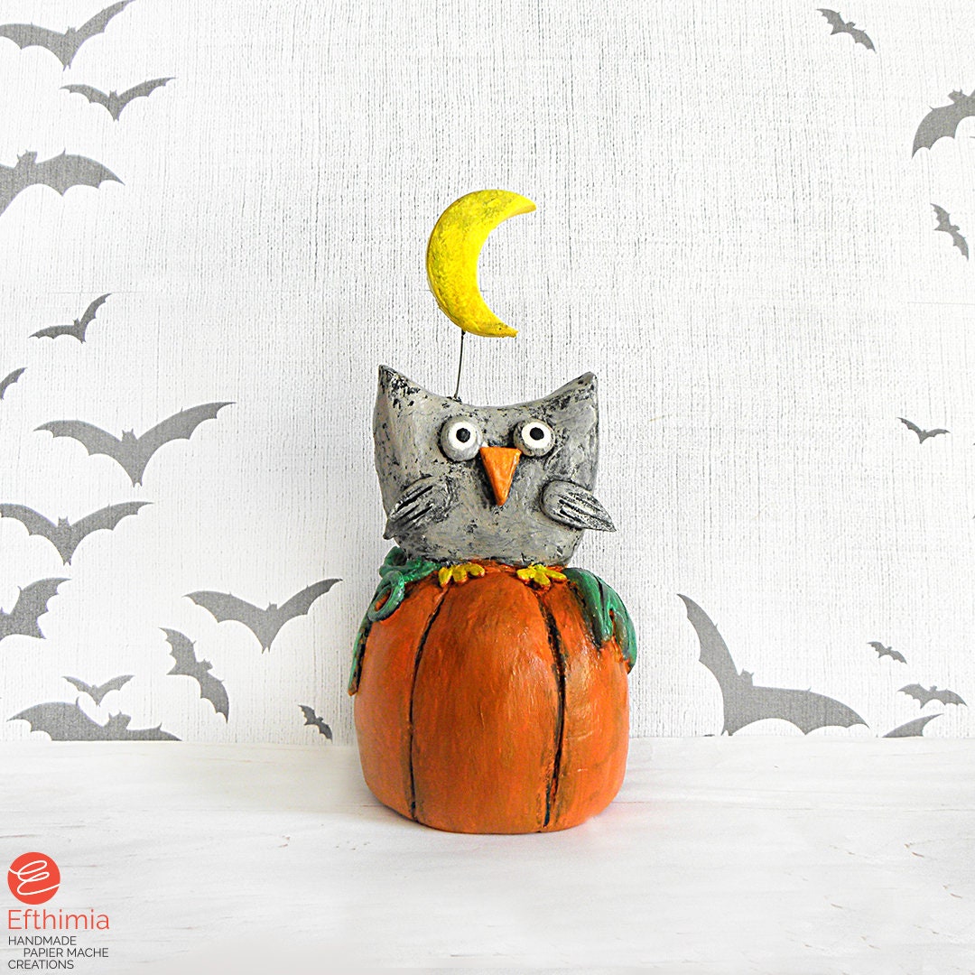 Paper Mache Cute Halloween Owl on A Pumpkin Owl Figurine for - Etsy
