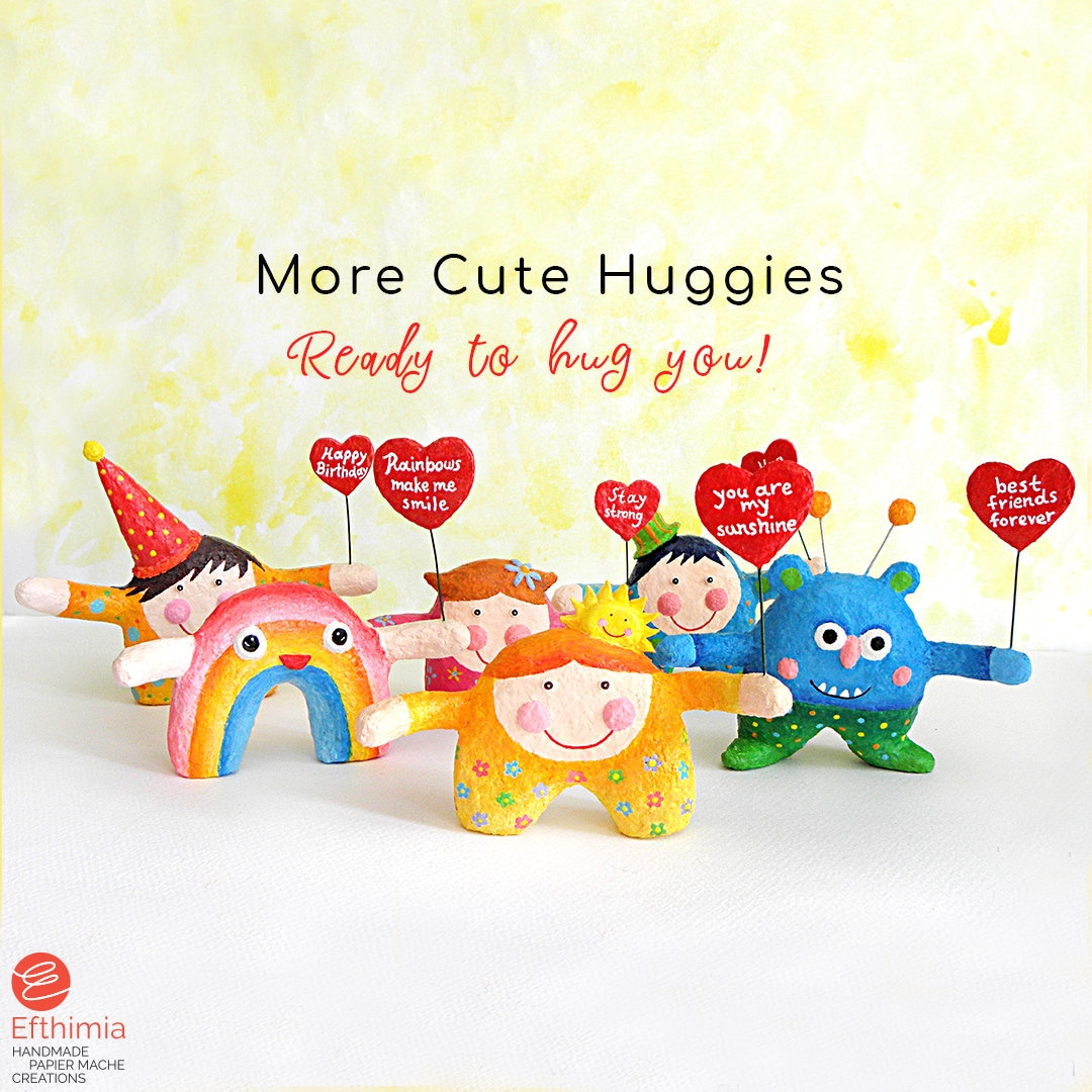 Paper Mache Cute Figurine With Bird and Heart, Happy Figure, Papier ...