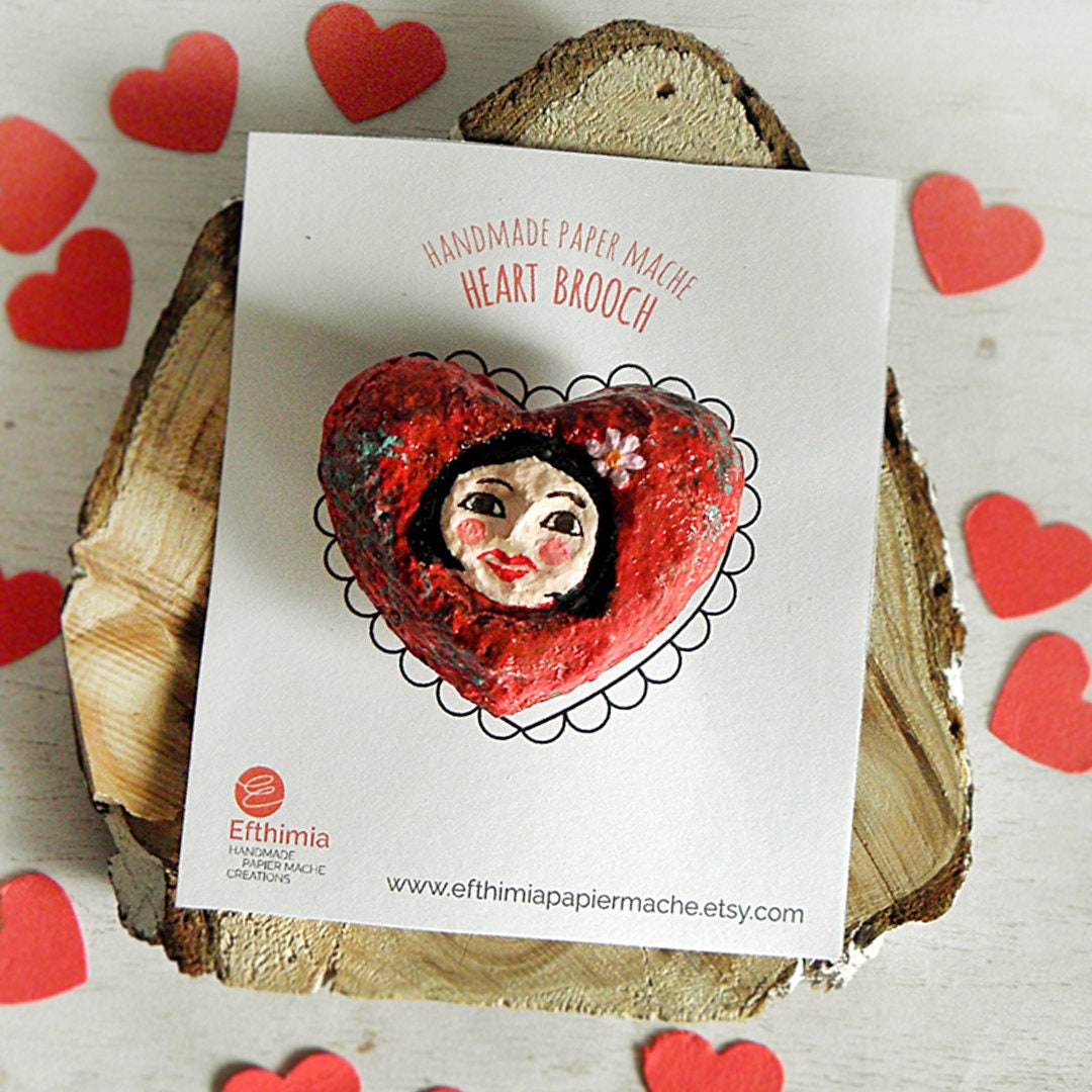 Handmade Red Heart Brooch With Girl Face Paper Mache Heart Pin - Etsy