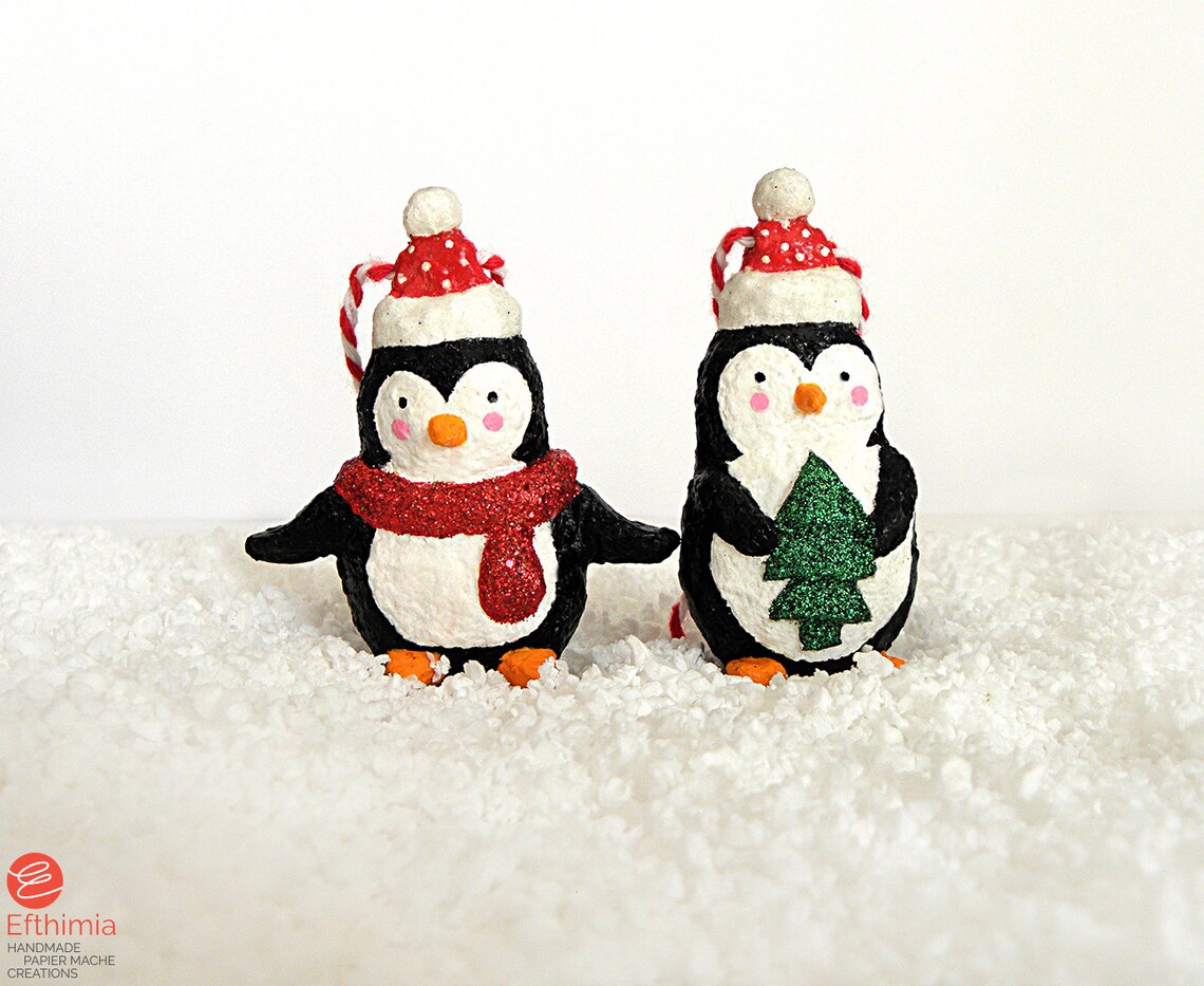 Paper Mache Christmas Penguin Ornaments, Hanging Penguins, Christmas ...