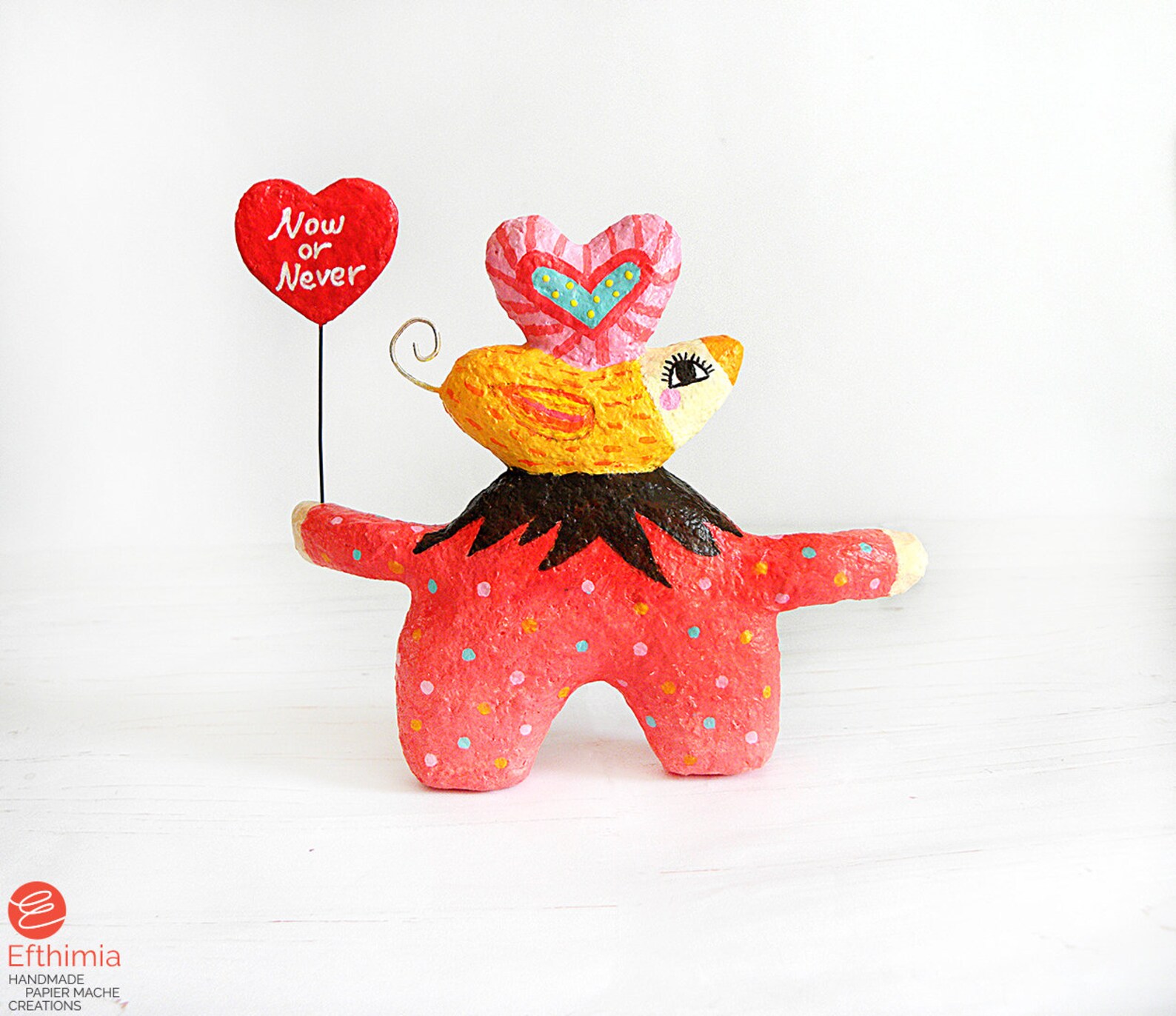 Paper Mache Cute Figurine With Bird and Heart, Happy Figure, Papier ...