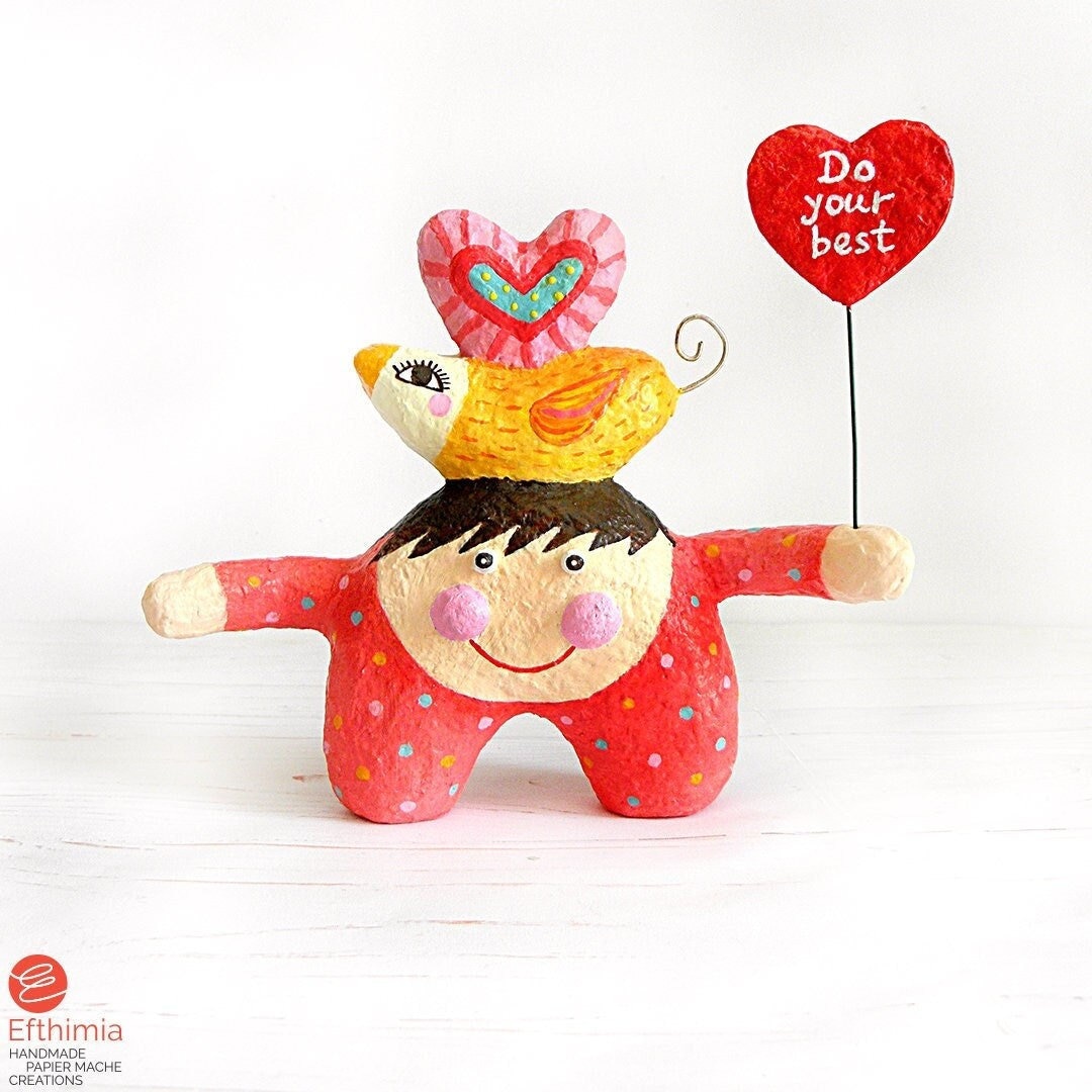 Paper Mache Cute Figurine With Bird and Heart, Happy Figure, Papier ...