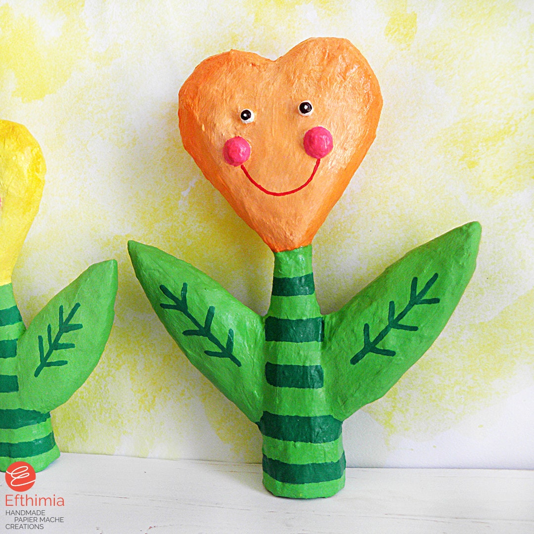 Paper Mache Orange Heart Flower, Standing Paper Flower, Heart Shaped ...