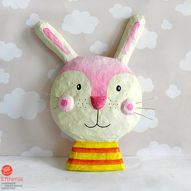 Paper Mache Bunny Head, Papier Mache Animal Sculpture, Bunny Kids Wall ...
