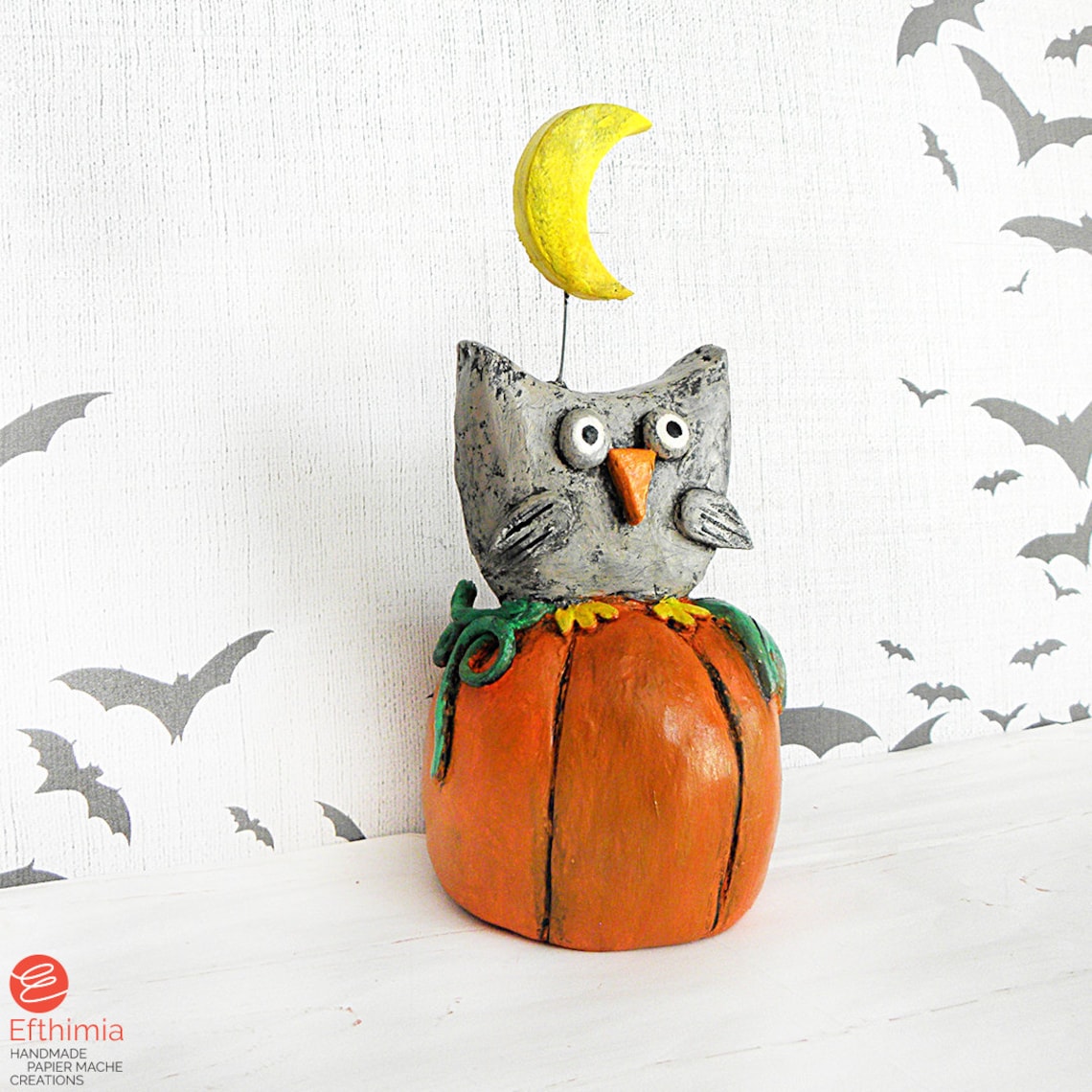 Paper Mache Cute Halloween Owl on A Pumpkin Owl Figurine for - Etsy