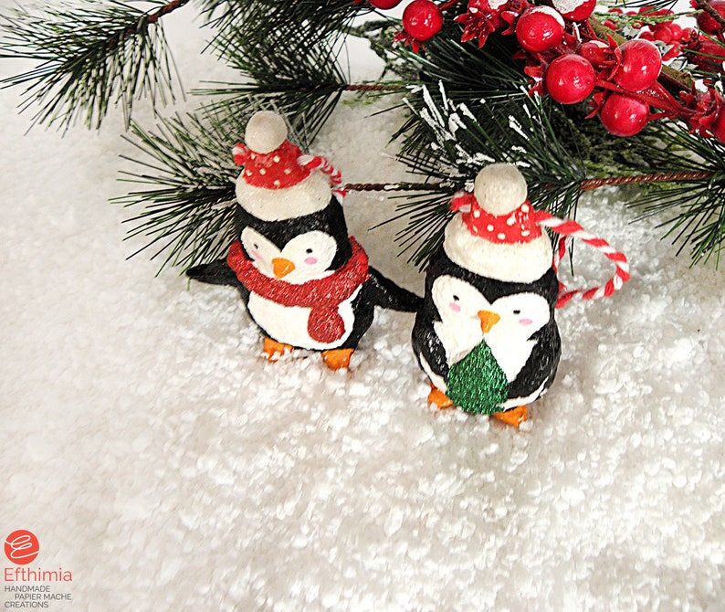 Paper Mache Christmas Penguin Ornaments, Hanging Penguins, Christmas ...