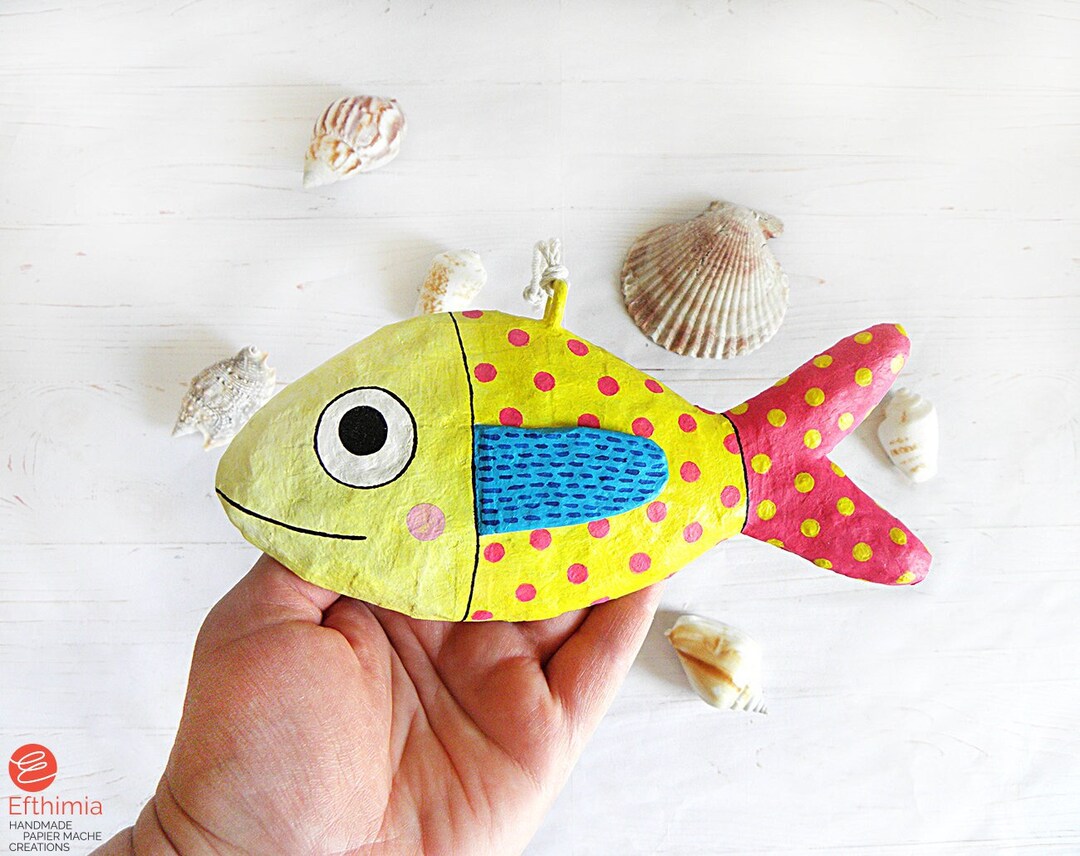 Paper Mache Yellow Polka Dot Fish Ornament, Fish Wall Hanging ...