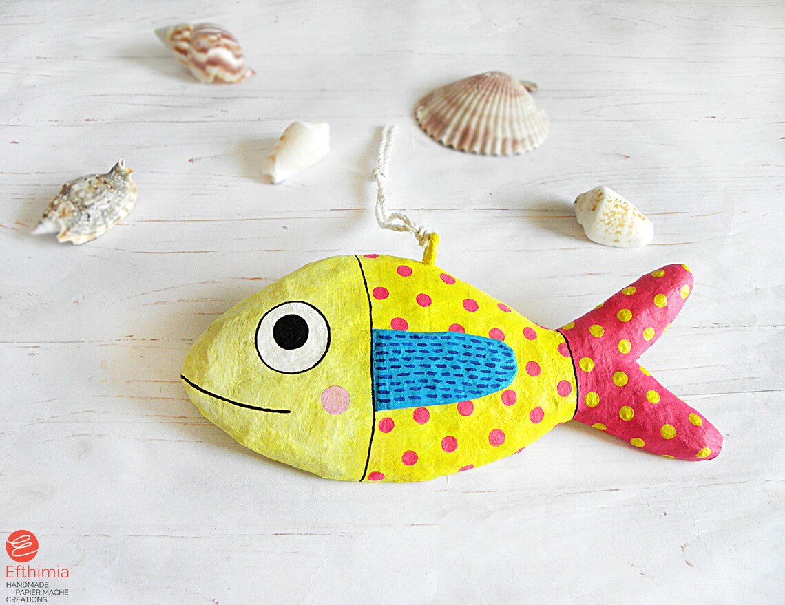 Paper Mache Yellow Polka Dot Fish Ornament, Fish Wall Hanging ...