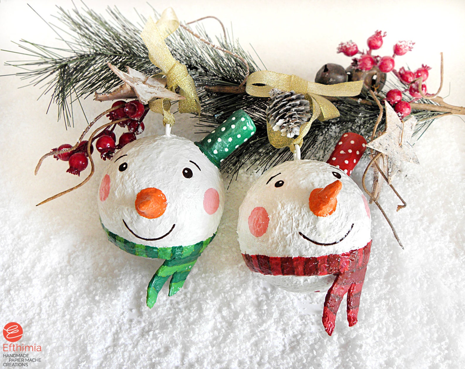 Snowman Heads With Hat Ornaments Paper Mache Snowmen With | Etsy