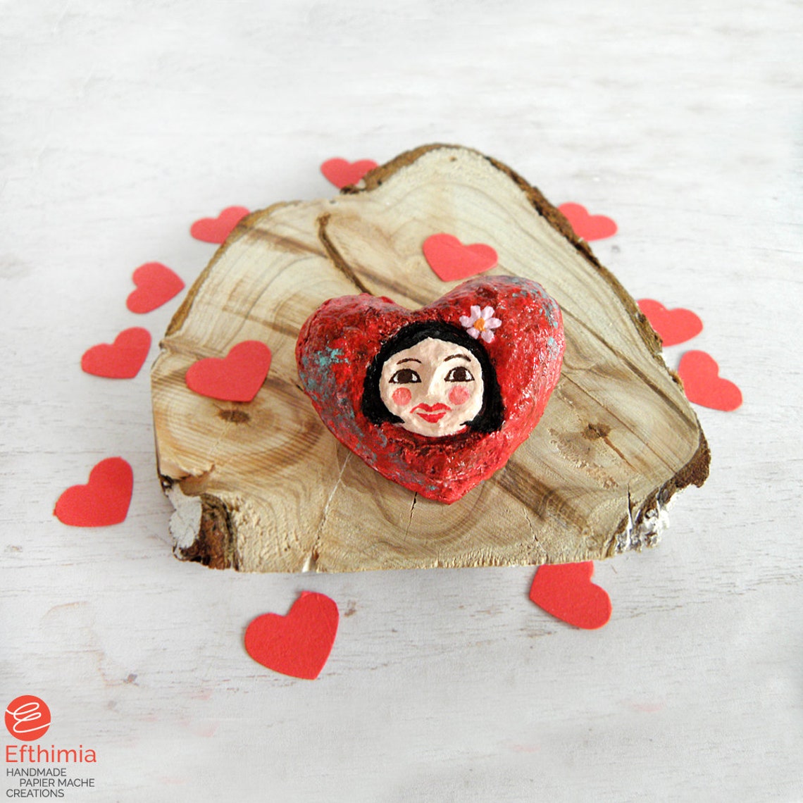 Handmade Red Heart Brooch With Girl Face Paper Mache Heart Pin - Etsy