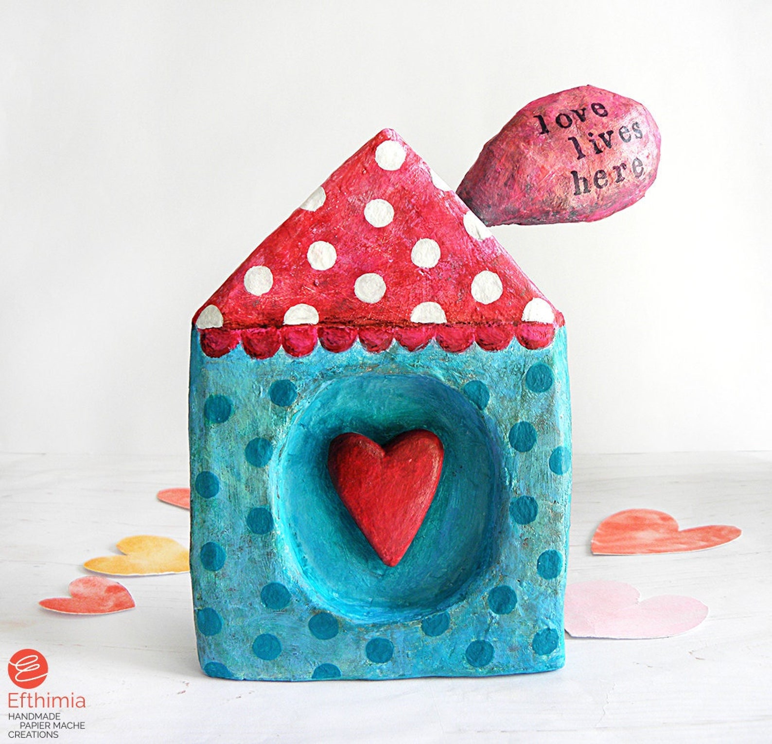 Paper Mache House With Red Heart, Wall Diorama House, Love Lives Here ...