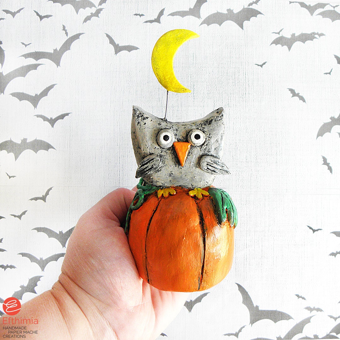 Paper Mache Cute Halloween Owl on A Pumpkin Owl Figurine for - Etsy