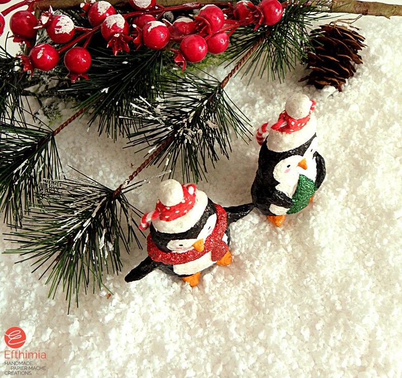 Paper Mache Christmas Penguin Ornaments, Hanging Penguins, Christmas ...