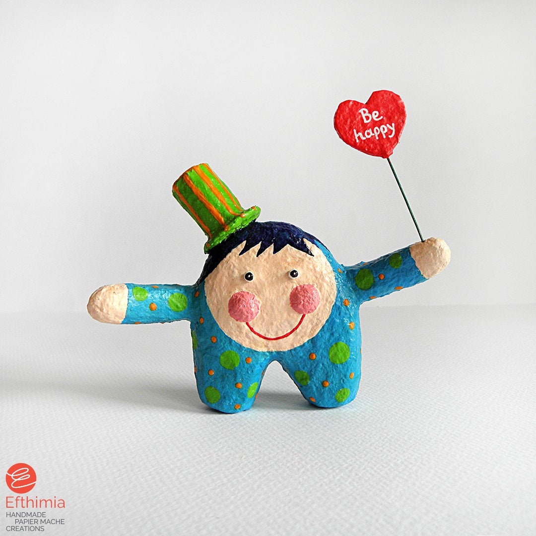 Paper Mache Cute Boy Figurine With Hat, Sending Hugs, Encouragement ...