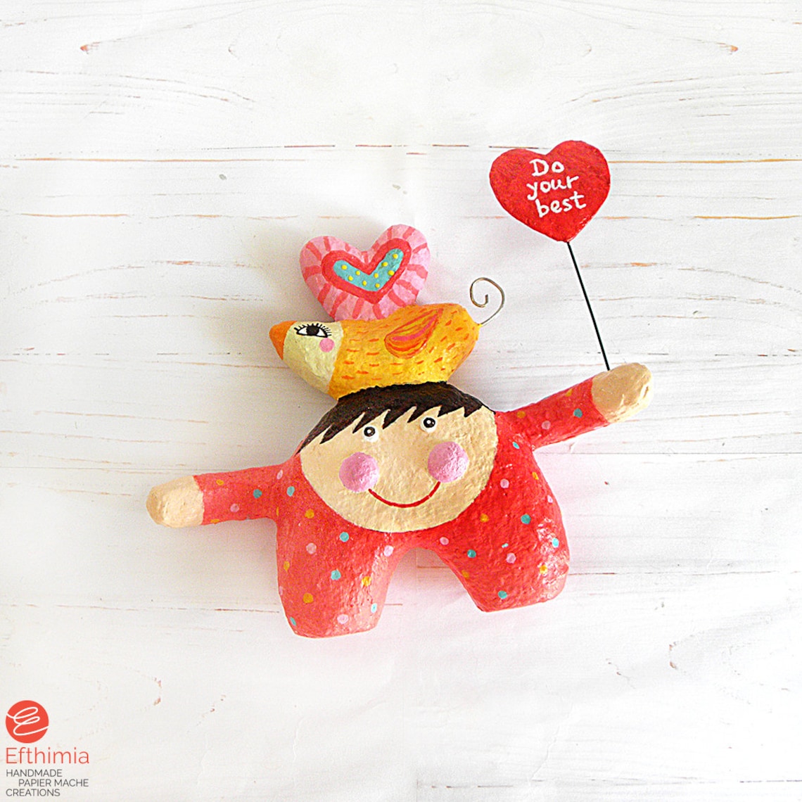 Paper Mache Cute Figurine With Bird and Heart, Happy Figure, Papier ...