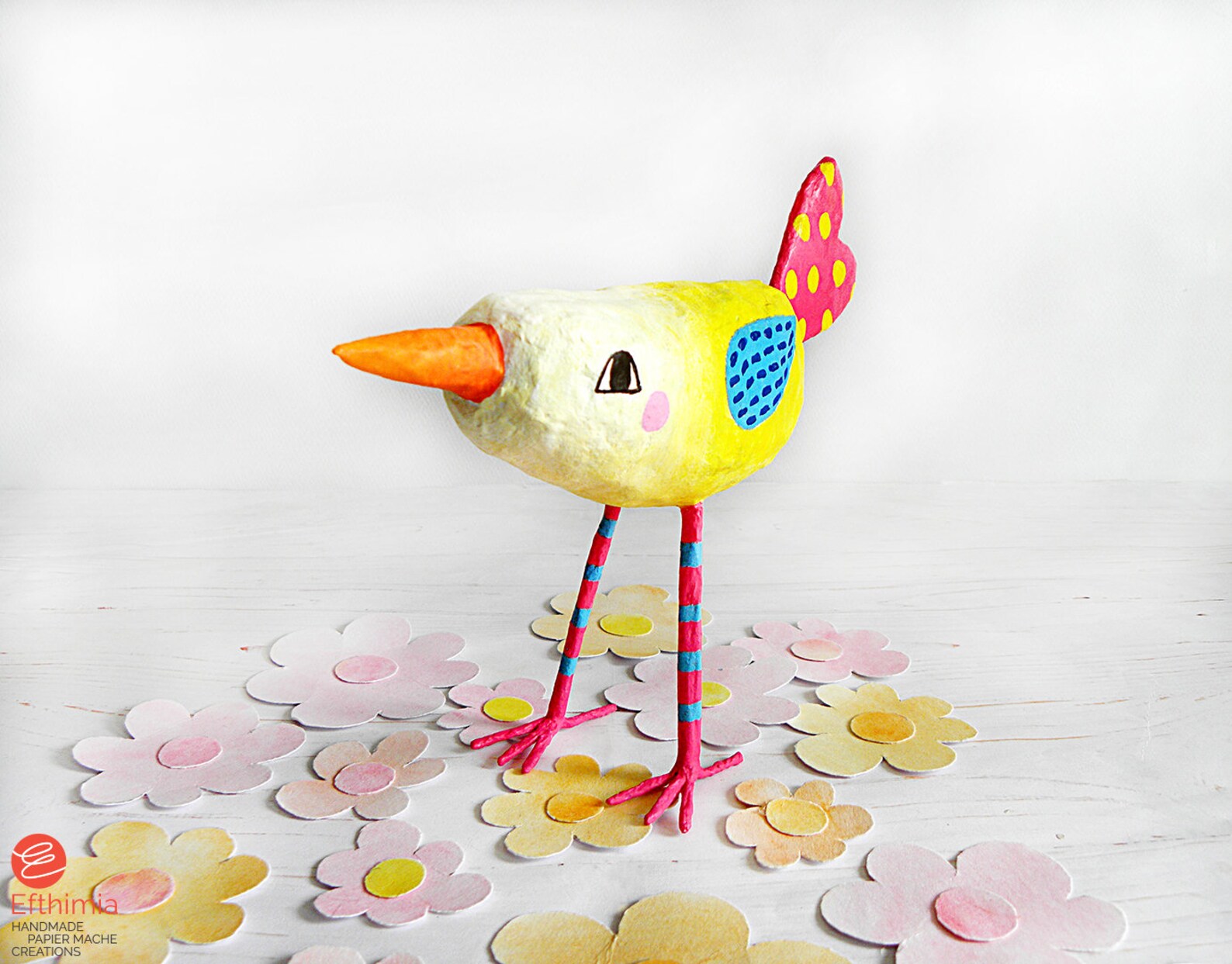 Paper Mache Yellow Bird Decoration, Standing Bird Sculpture, Bird Decor ...