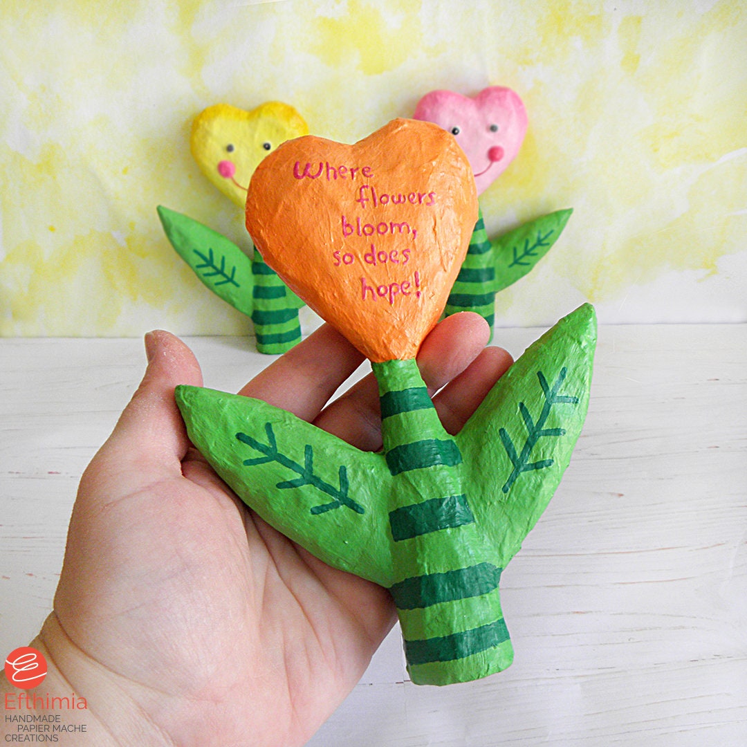 Paper Mache Orange Heart Flower, Standing Paper Flower, Heart Shaped ...