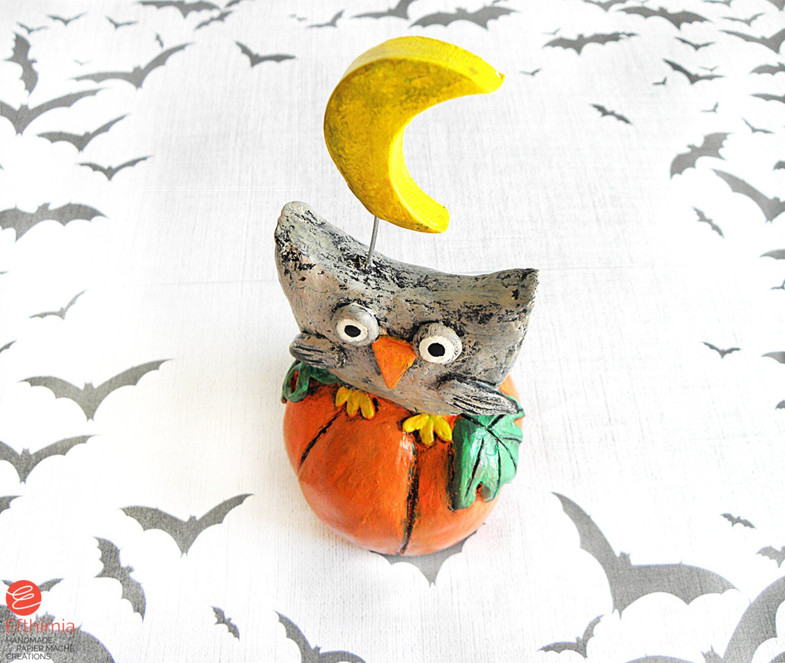 Paper Mache Cute Halloween Owl on A Pumpkin Owl Figurine for - Etsy