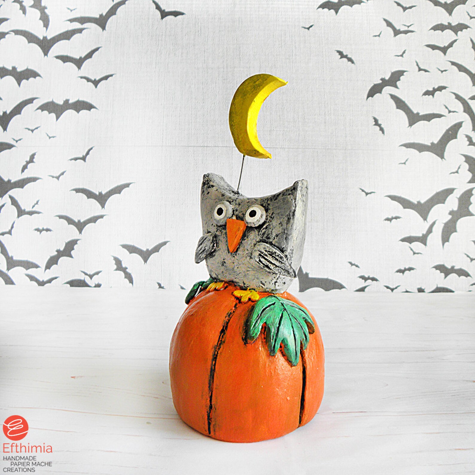 Paper Mache Cute Halloween Owl on A Pumpkin Owl Figurine for - Etsy