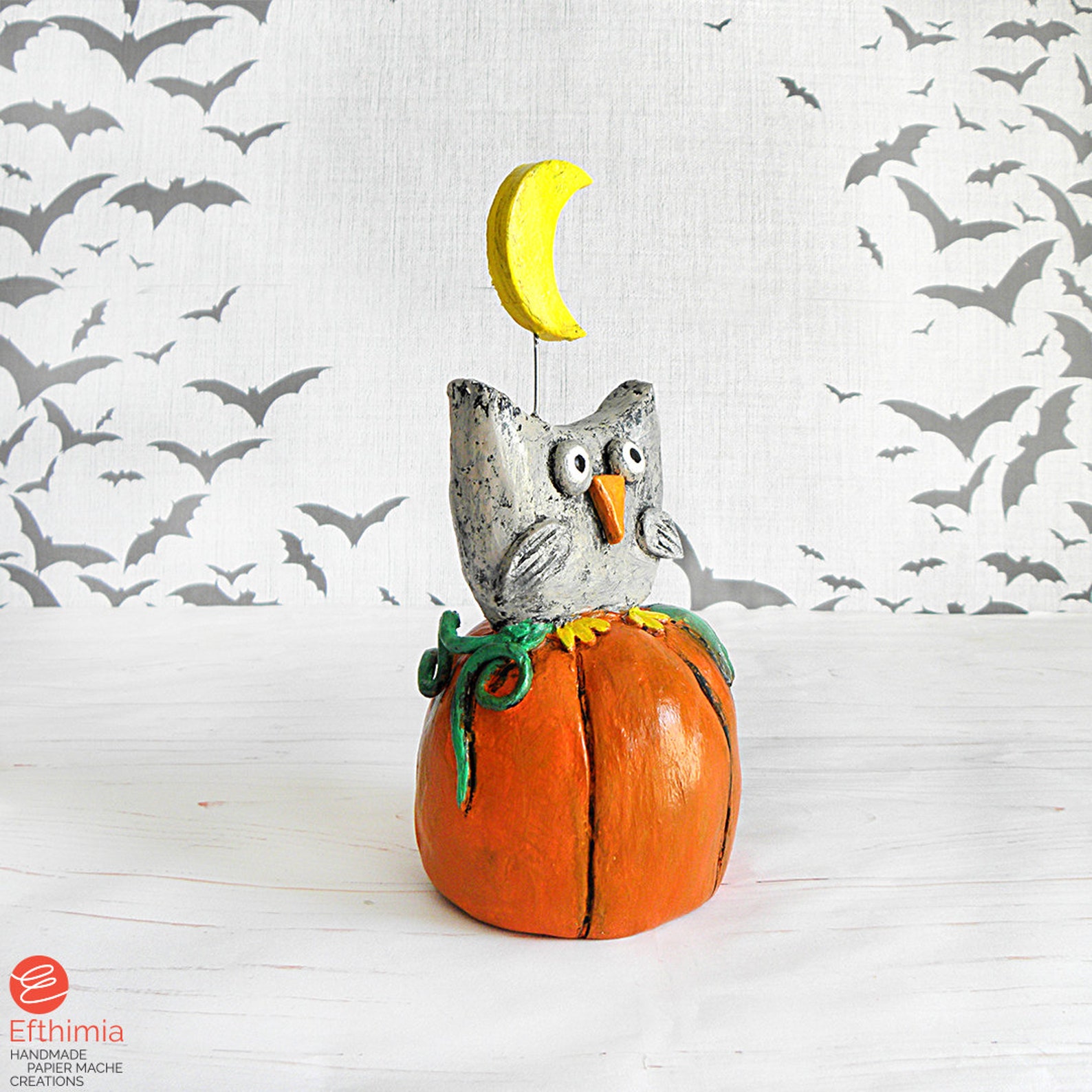 Paper Mache Cute Halloween Owl on A Pumpkin Owl Figurine for - Etsy