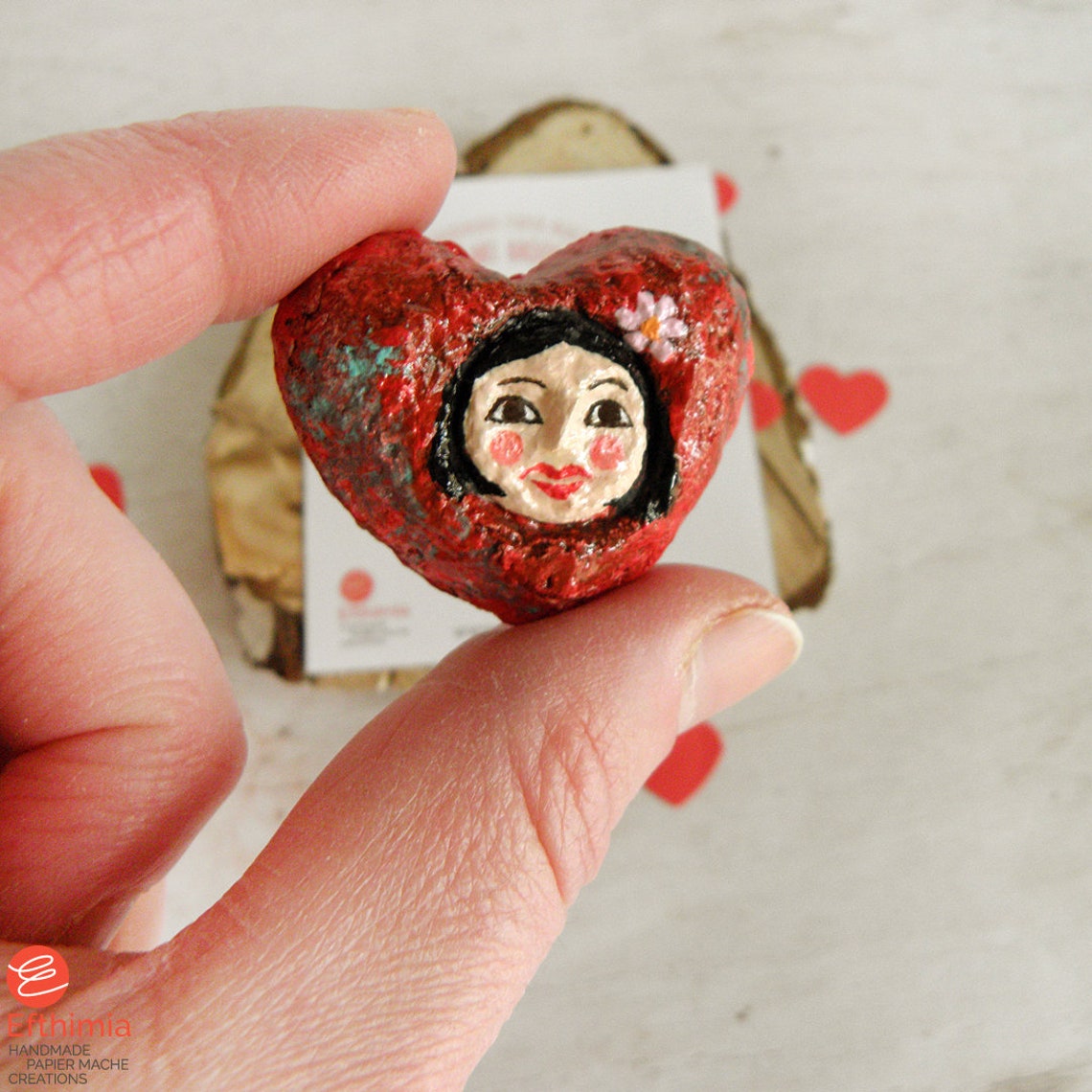 Handmade Red Heart Brooch With Girl Face Paper Mache Heart Pin - Etsy