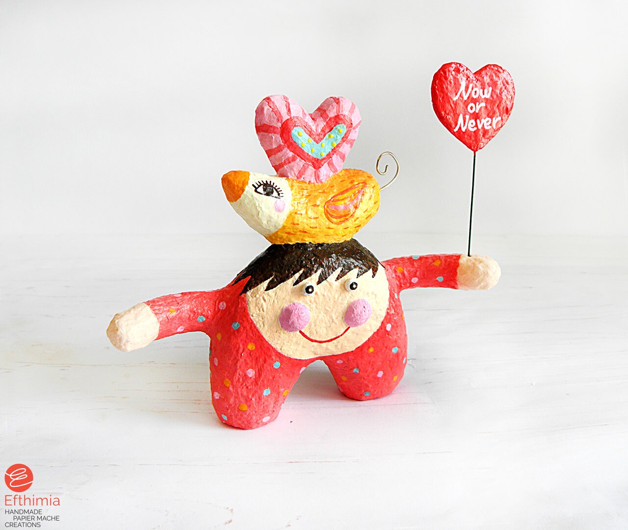 Paper Mache Cute Figurine With Bird and Heart, Happy Figure, Papier ...
