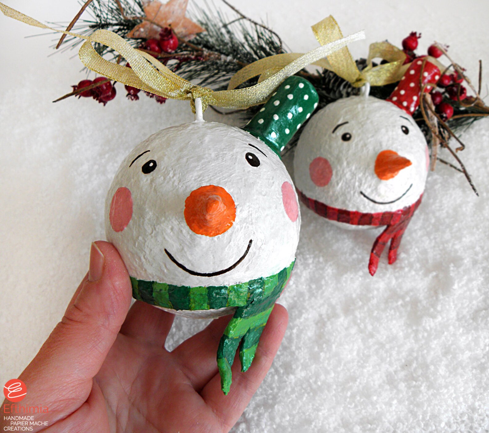 Snowman Heads With Hat Ornaments Paper Mache Snowmen With | Etsy