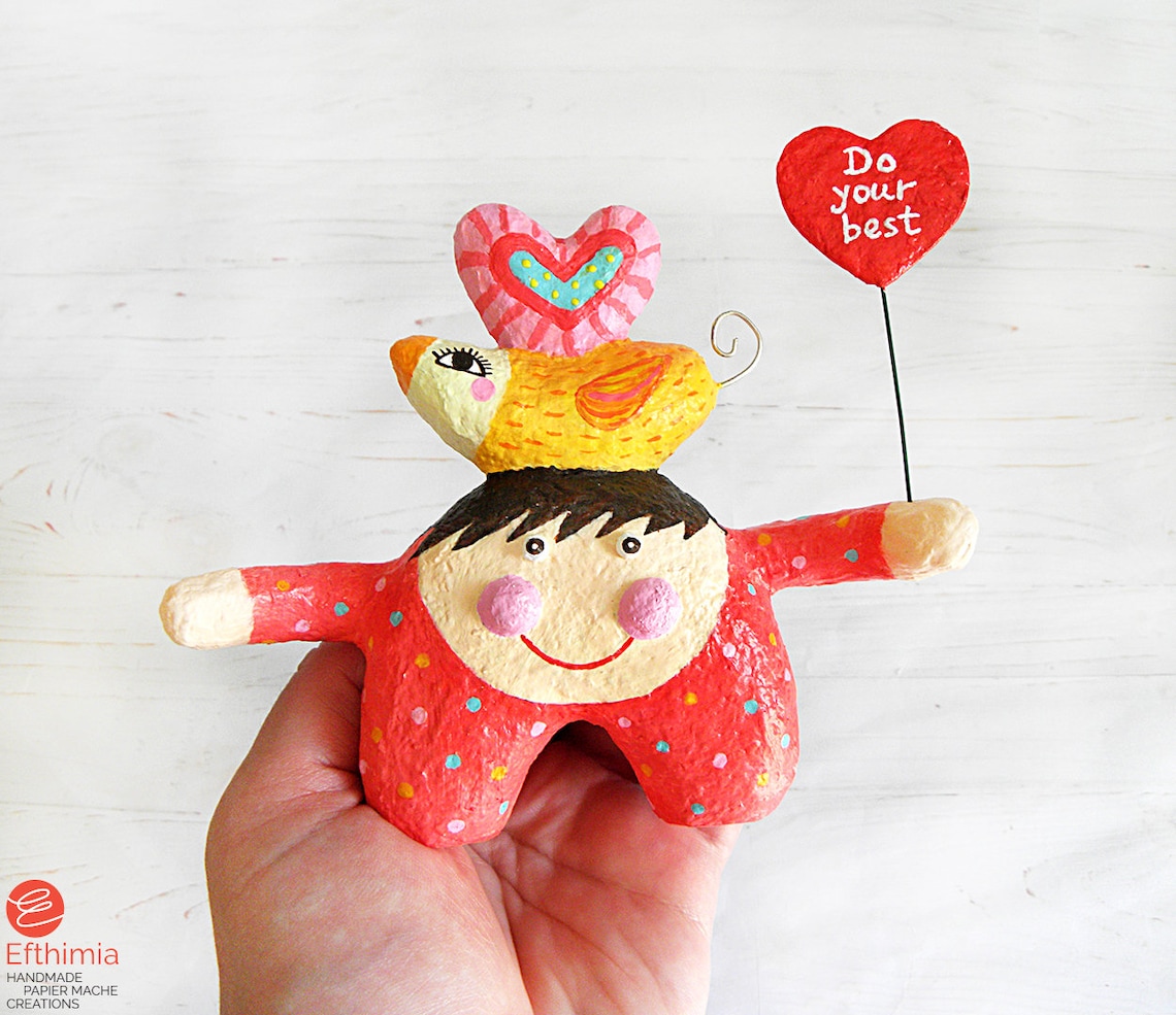 Paper Mache Cute Figurine With Bird and Heart, Happy Figure, Papier ...