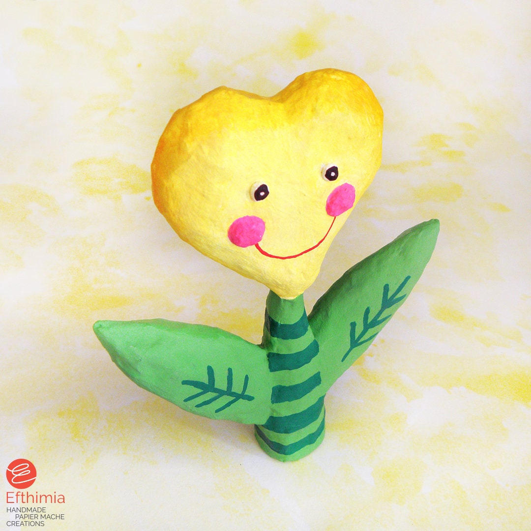 Paper Mache Yellow Heart Flower Heart Shaped Flower Ooak 3D - Etsy