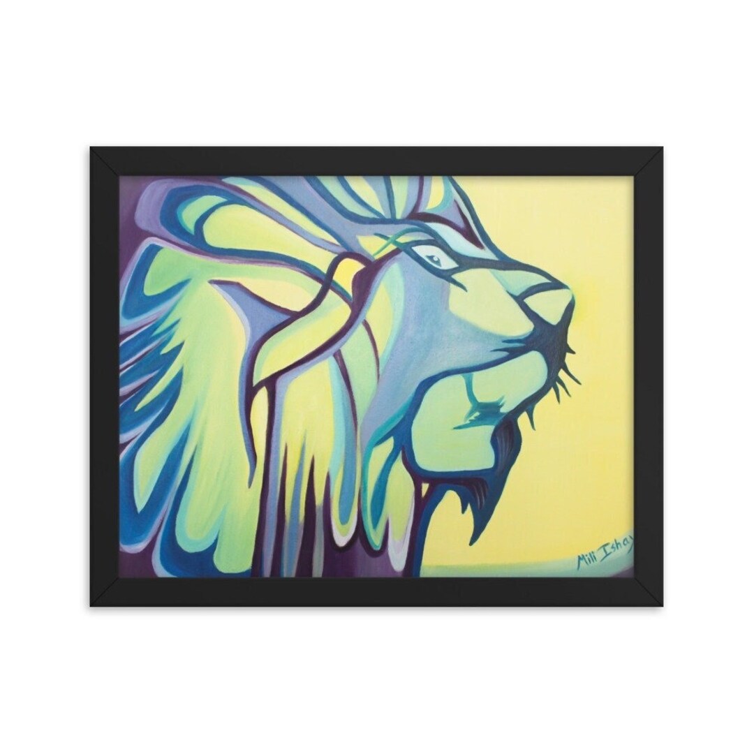 Lion - Framed Print, Abstract Art, Blue & Yellow Lion, Oil Painting ...