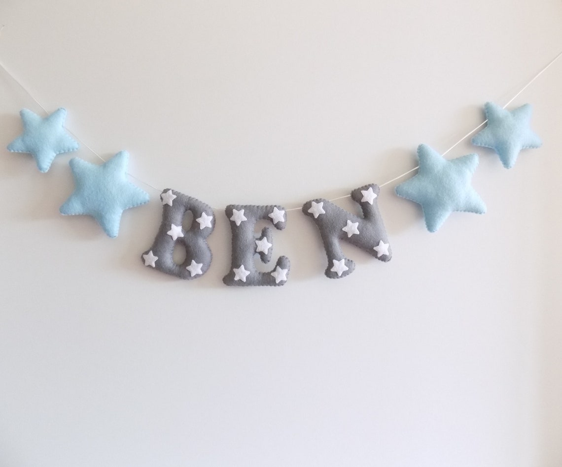 Felt name banner nursery star garland ice blue and grey | Etsy