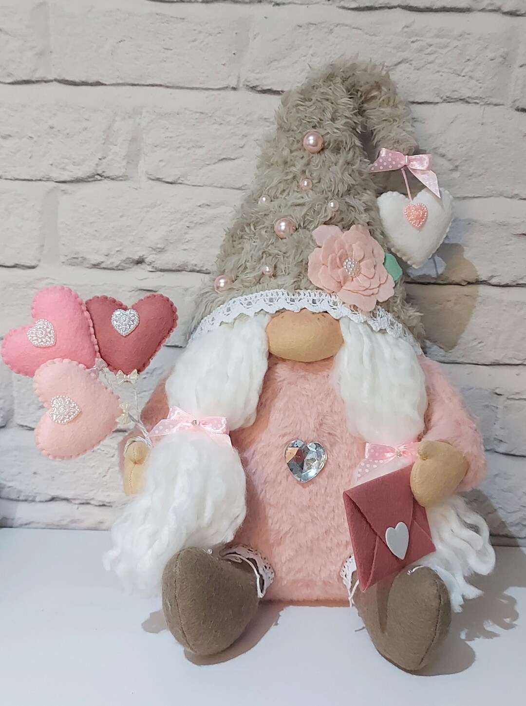 Blush Pink Girl Gnome, Large Sitting Valentines Gnome, Wedding Decor ...