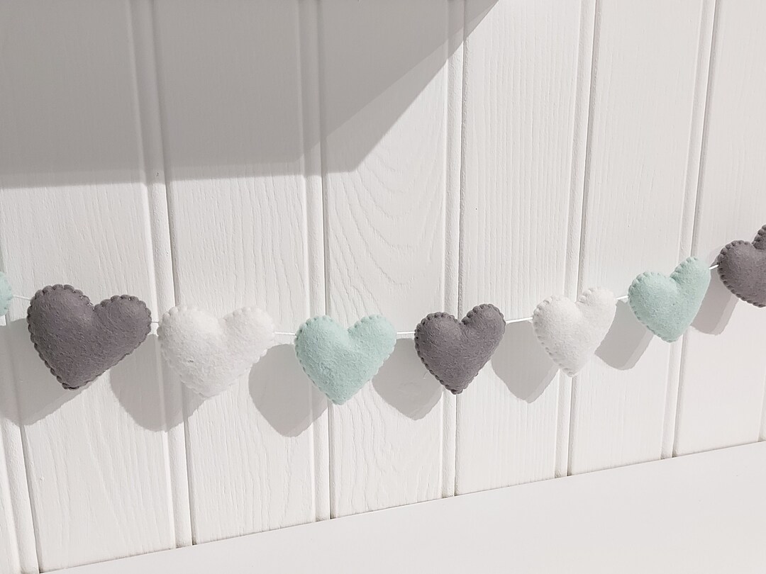 Light Mint and Grey Felt Heart Banner, Heart Nursery Bunting, Baby ...