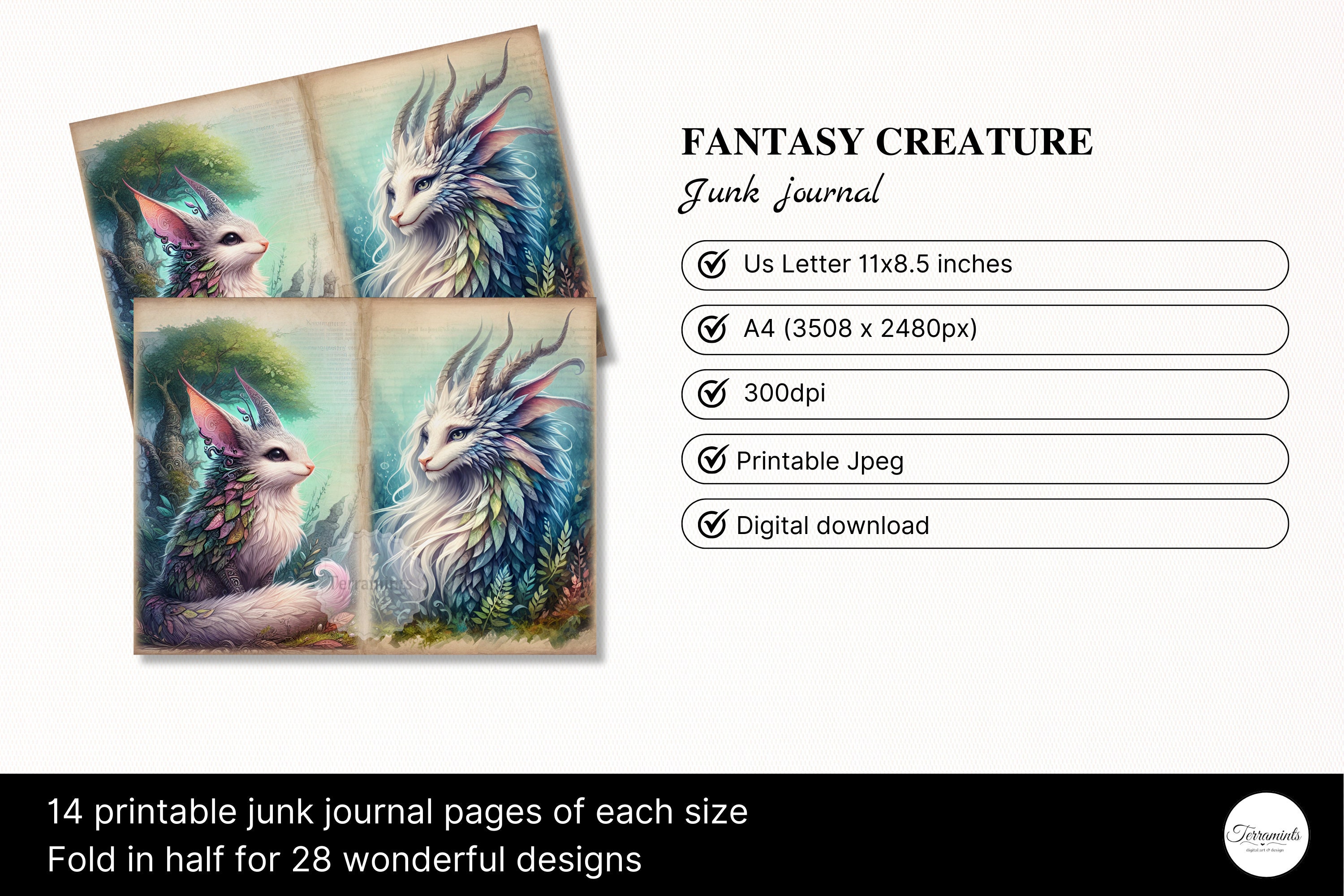 14 Fantasy Creature Junk Journal Pages US Letter & A4 Printable Paper ...