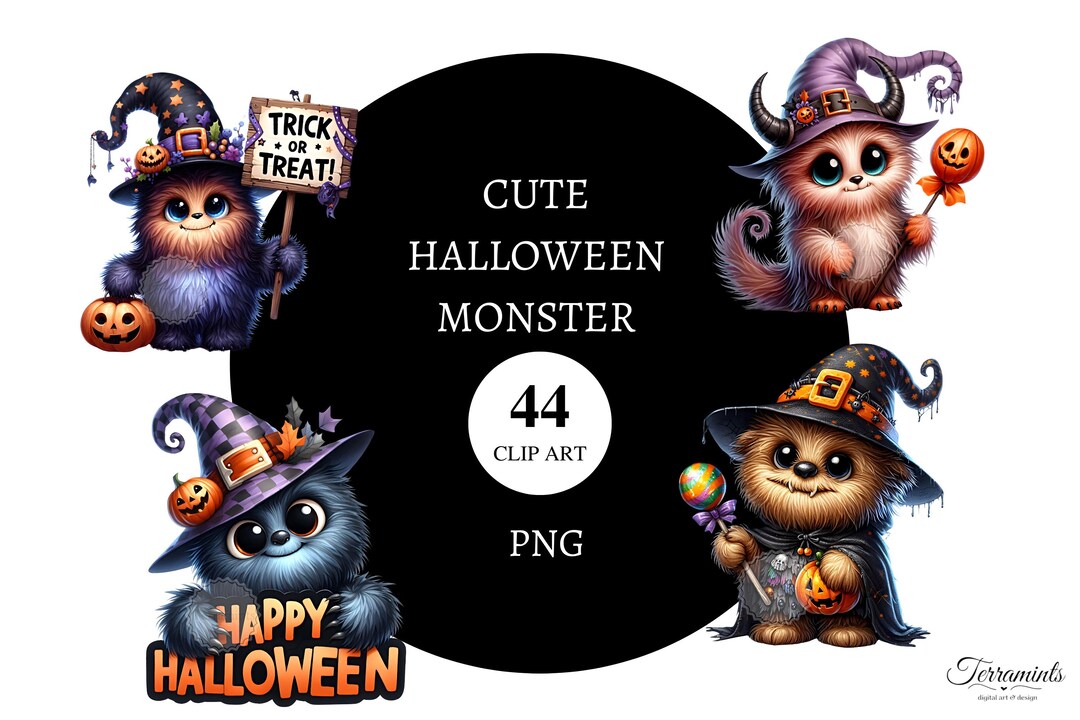 Cute Halloween Monster Clipart PNGS Commercial Printable Graphics Card ...