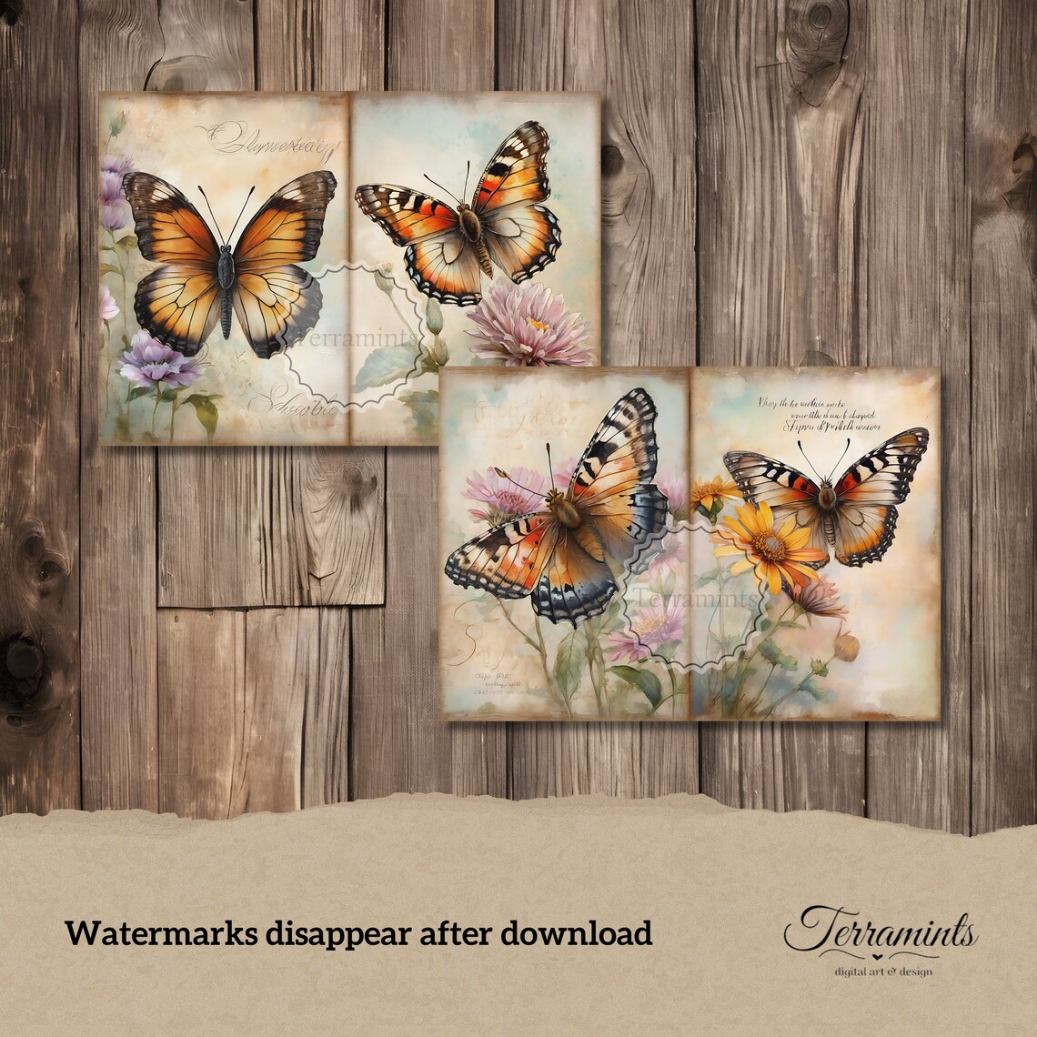 14 Butterflies on Rustic Background A4 Printable Jpeg High Resolution ...