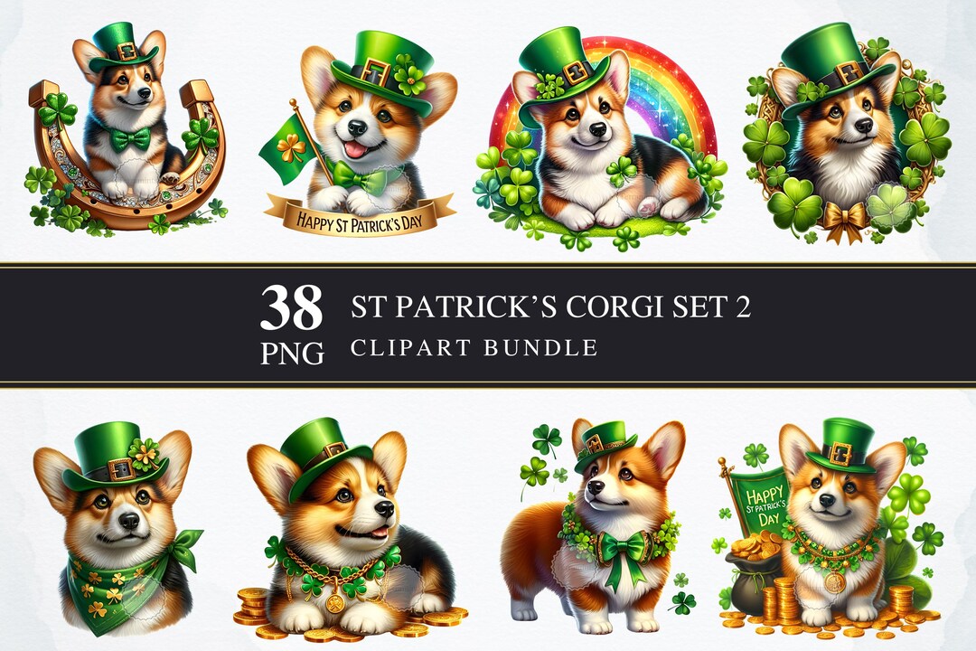 St Patrick's Corgi | Clipart PNGS | Commercial | Printable Graphics ...