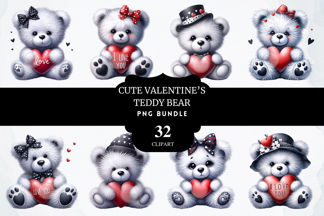 Cute Valentine's Teddy Bear Clipart PNGS Commercial Printable Graphics ...