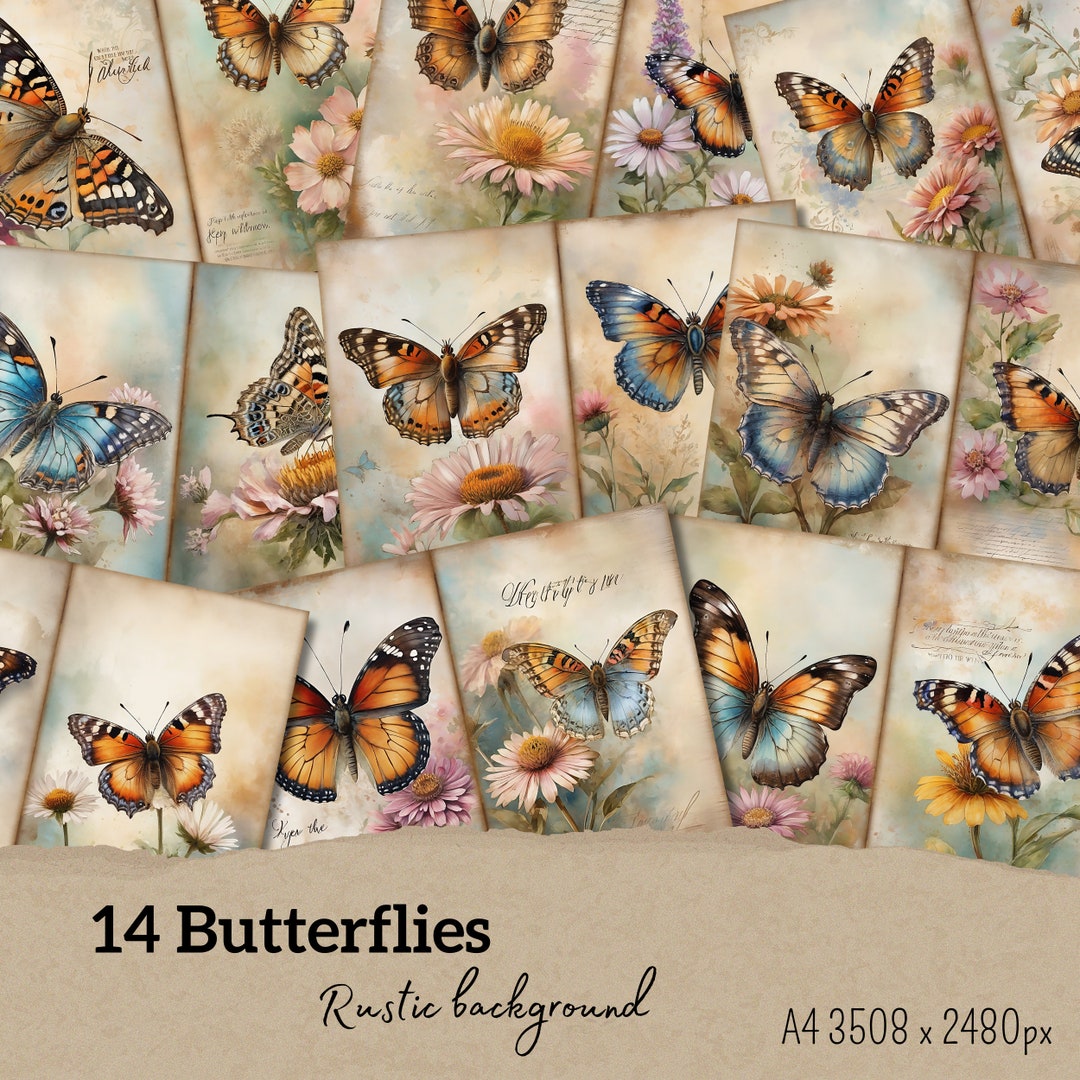 14 Butterflies on Rustic Background A4 Printable Jpeg High Resolution ...