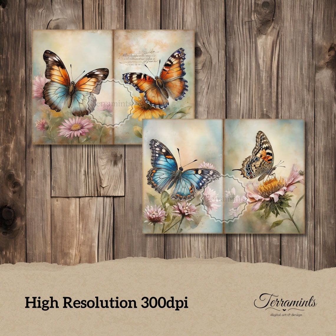 14 Butterflies on Rustic Background A4 Printable Jpeg High Resolution ...